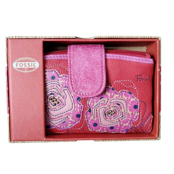 Fossil | Bags | Fossil Leather Zip Wallet Womens Pink Red Floral New In ...